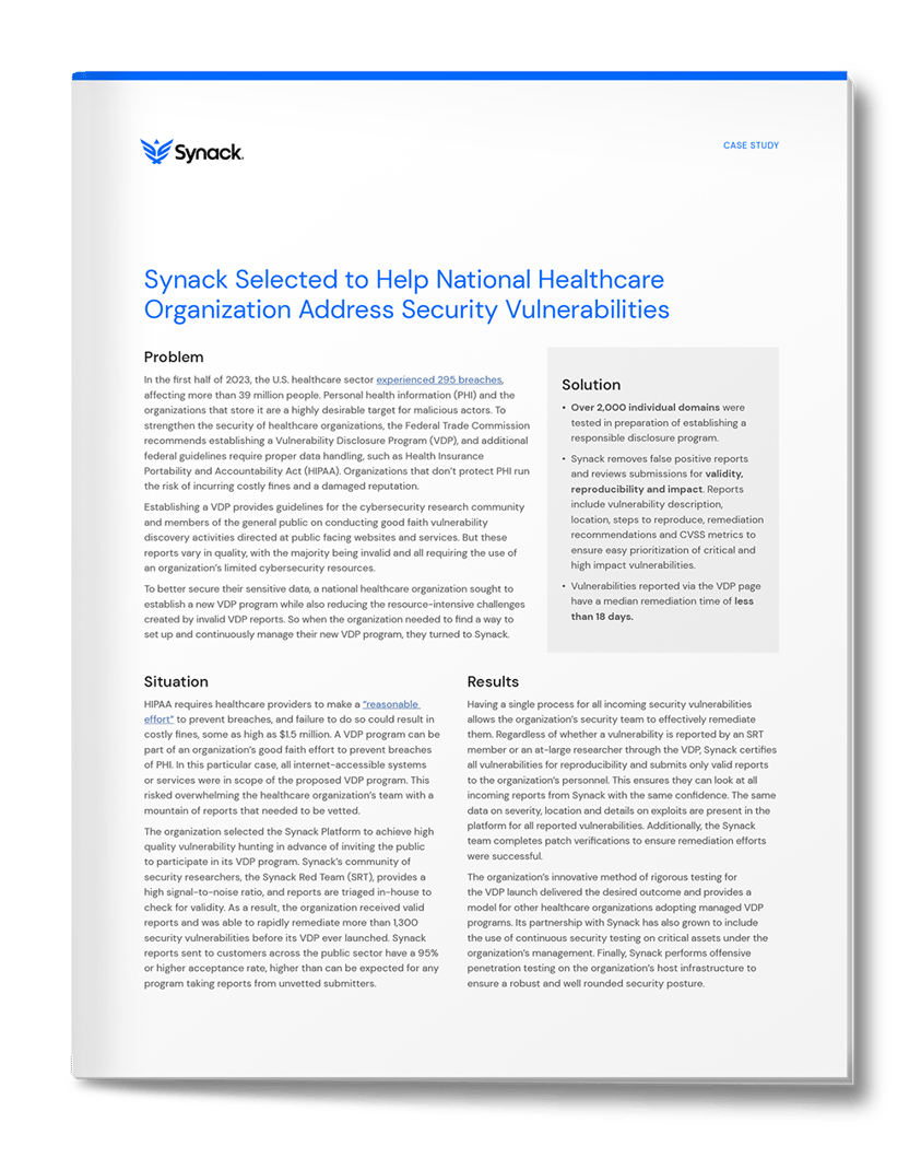 Healthcare VDP | Synack Case Study