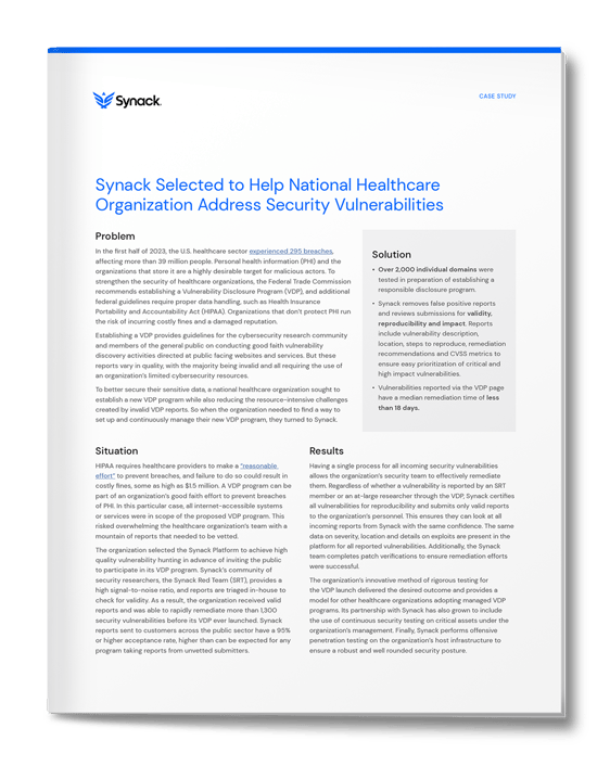 Healthcare VDP | Synack Case Study
